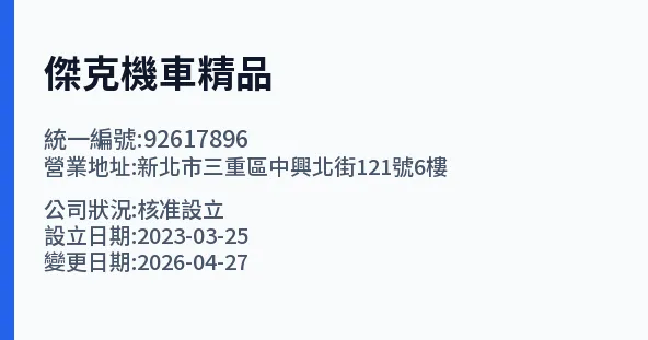 傑克機車精品的照片-統編 92617896(新北市) 公司登記資料與營業項目詳細圖表