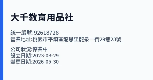 大千教育用品社的照片-統編 92618728(桃園市) 公司登記資料與營業項目詳細圖表
