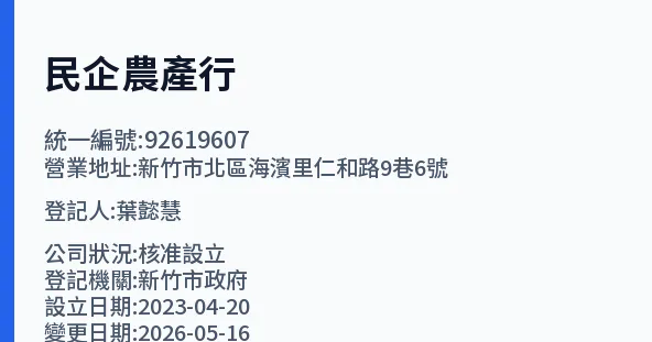 民企農產行的照片-統編 92619607(新竹市) 公司登記資料與營業項目詳細圖表