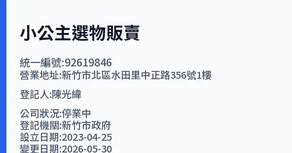 小公主選物販賣的照片-統編 92619846(新竹市) 公司登記資料與營業項目詳細圖表