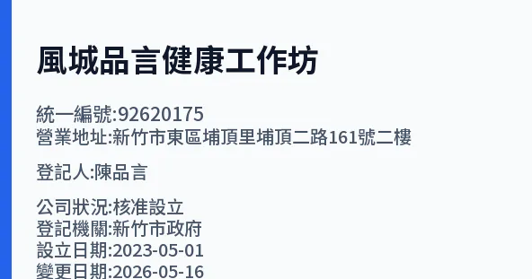 風城品言健康工作坊的照片-統編 92620175(新竹市) 公司登記資料與營業項目詳細圖表