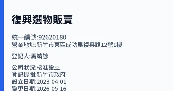 復興選物販賣的照片-統編 92620180(新竹市) 公司登記資料與營業項目詳細圖表