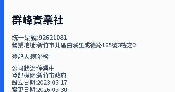 群峰實業社的照片-統編 92621081(新竹市) 公司登記資料與營業項目詳細圖表