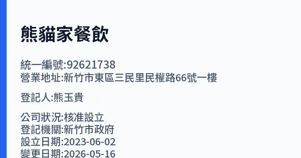 熊貓家餐飲的照片-統編 92621738(新竹市) 公司登記資料與營業項目詳細圖表