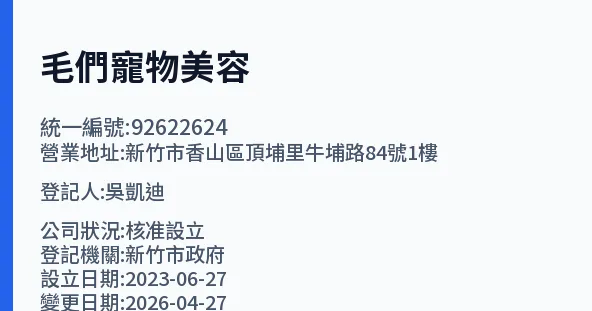 毛們寵物美容的照片-統編 92622624(新竹市) 公司登記資料與營業項目詳細圖表