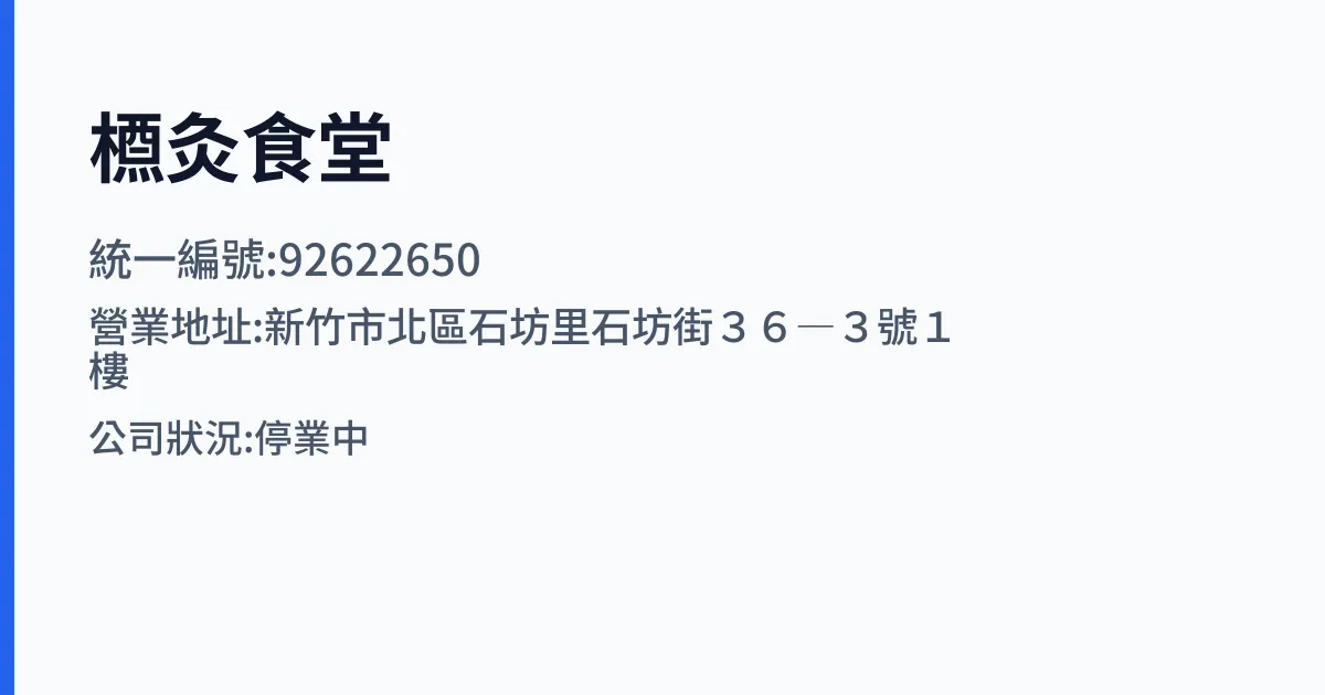 槱灸食堂 - 統編 92622650(新竹市) 公司登記資料與營業項目詳細圖表