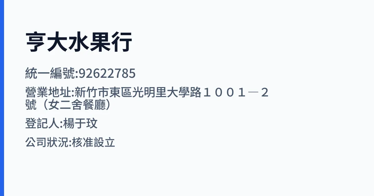 亨大水果行 - 統編 92622785(新竹市) 公司登記資料與營業項目詳細圖表