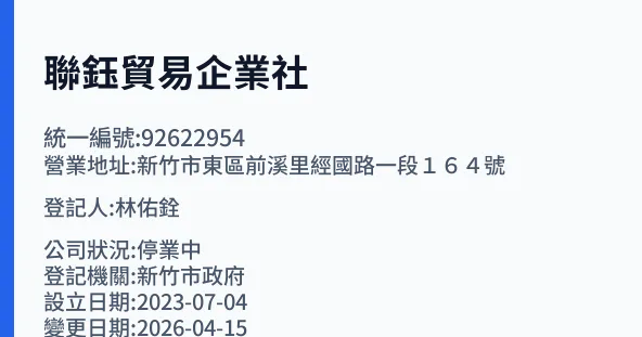 聯鈺貿易企業社的照片-統編 92622954(新竹市) 公司登記資料與營業項目詳細圖表