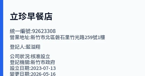 立珍早餐店的照片-統編 92623308(新竹市) 公司登記資料與營業項目詳細圖表