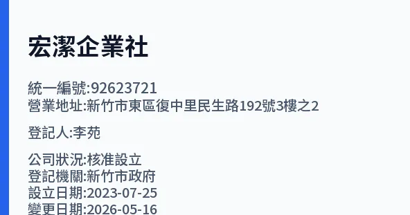 宏潔企業社的照片-統編 92623721(新竹市) 公司登記資料與營業項目詳細圖表
