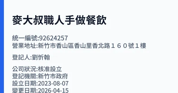 麥大叔職人手做餐飲的照片-統編 92624257(新竹市) 公司登記資料與營業項目詳細圖表