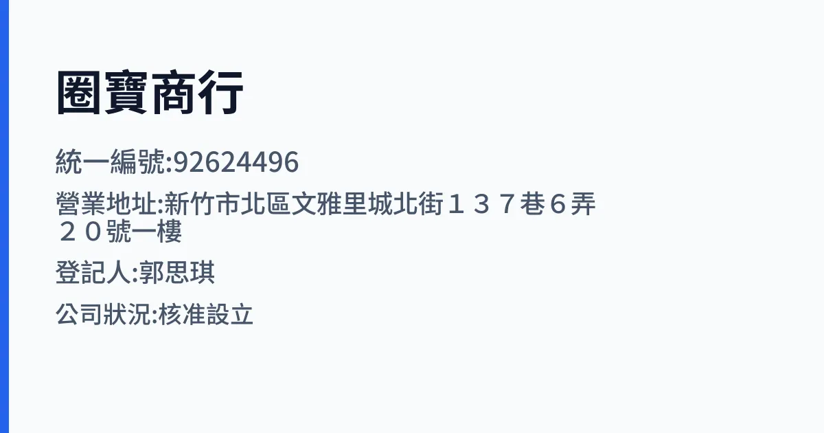 圈寶商行 - 統編 92624496(新竹市) 公司登記資料與營業項目詳細圖表