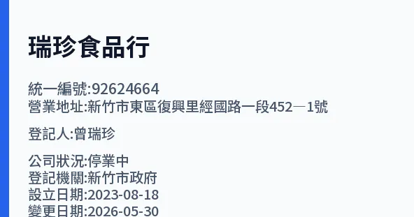 瑞珍食品行的照片-統編 92624664(新竹市) 公司登記資料與營業項目詳細圖表