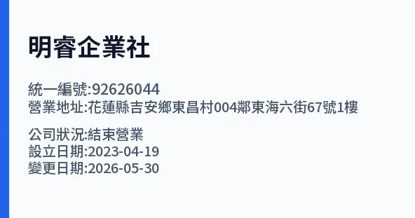 明睿企業社的照片-統編 92626044(花蓮縣) 公司登記資料與營業項目詳細圖表