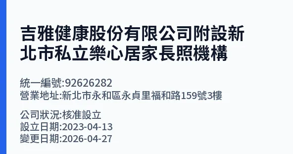 吉雅健康股份有限公司附設新北市私立樂心居家長照機構的照片-統編 92626282(新北市) 公司登記資料與營業項目詳細圖表