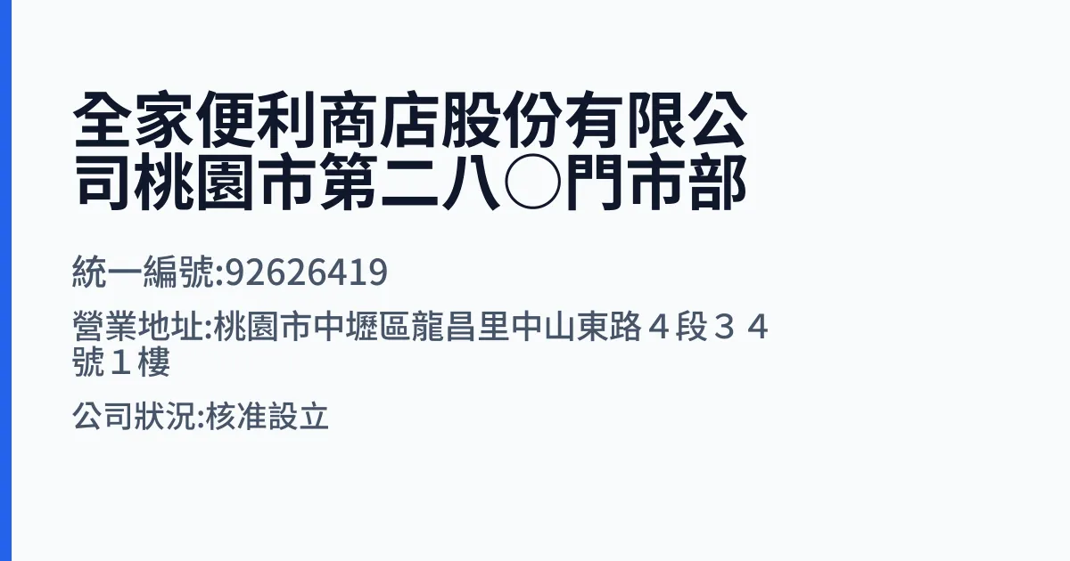全家便利商店股份有限公司桃園市第二八○門市部 - 統編 92626419(桃園市) 公司登記資料與營業項目詳細圖表