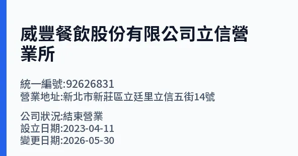 威豐餐飲股份有限公司立信營業所的照片-統編 92626831(新北市) 公司登記資料與營業項目詳細圖表