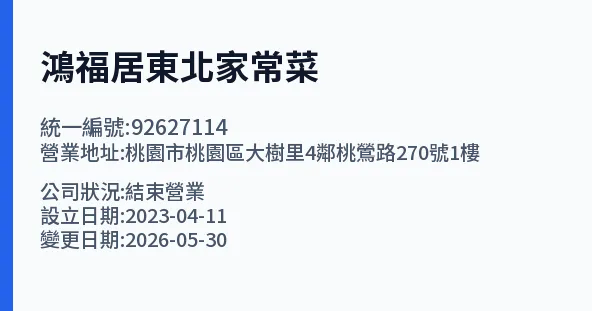 鴻福居東北家常菜的照片-統編 92627114(桃園市) 公司登記資料與營業項目詳細圖表