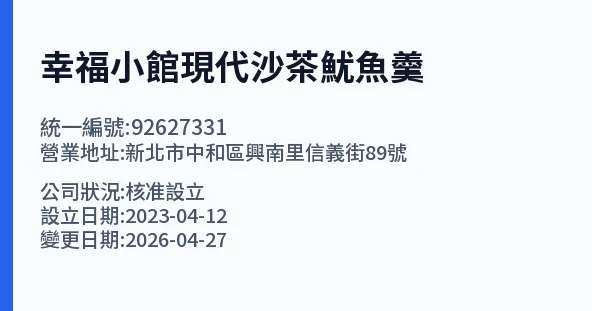 幸福小館現代沙茶魷魚羹的照片-統編 92627331(新北市) 公司登記資料與營業項目詳細圖表