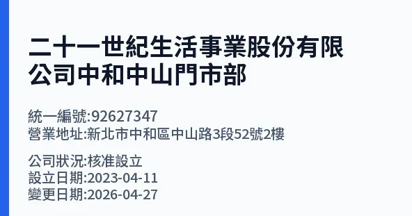 二十一世紀生活事業股份有限公司中和中山門市部的照片-統編 92627347(新北市) 公司登記資料與營業項目詳細圖表