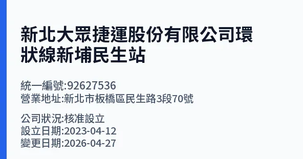 新北大眾捷運股份有限公司環狀線新埔民生站的照片-統編 92627536(新北市) 公司登記資料與營業項目詳細圖表