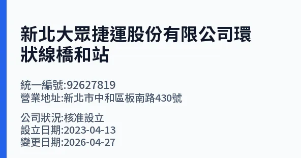 新北大眾捷運股份有限公司環狀線橋和站的照片-統編 92627819(新北市) 公司登記資料與營業項目詳細圖表