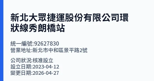 新北大眾捷運股份有限公司環狀線秀朗橋站的照片-統編 92627830(新北市) 公司登記資料與營業項目詳細圖表