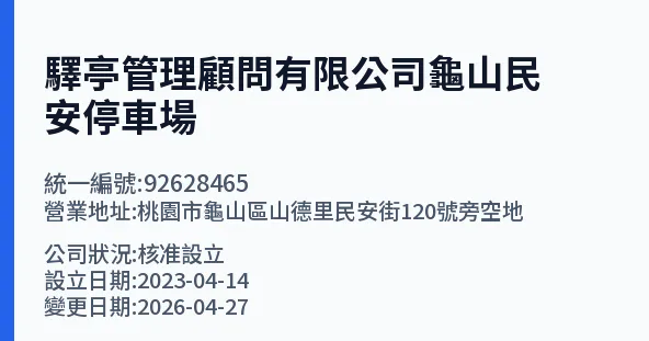 驛亭管理顧問有限公司龜山民安停車場的照片-統編 92628465(桃園市) 公司登記資料與營業項目詳細圖表