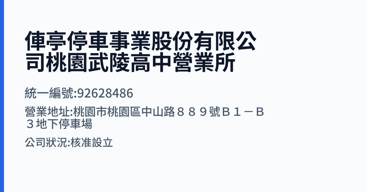 俥亭停車事業股份有限公司桃園武陵高中營業所 - 統編 92628486(桃園市) 公司登記資料與營業項目詳細圖表