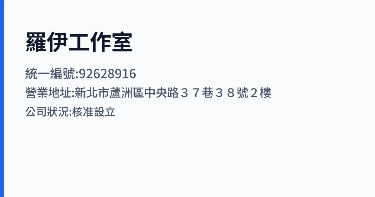 羅伊工作室 - 統編 92628916(新北市) 公司登記資料與營業項目詳細圖表
