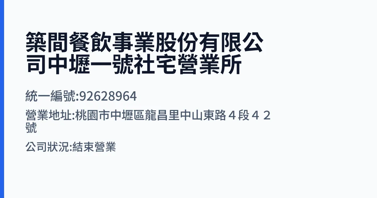 築間餐飲事業股份有限公司中壢一號社宅營業所 - 統編 92628964(桃園市) 公司登記資料與營業項目詳細圖表