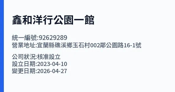 鑫和洋行公園一館的照片-統編 92629289(宜蘭縣) 公司登記資料與營業項目詳細圖表