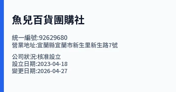 魚兒百貨團購社的照片-統編 92629680(宜蘭縣) 公司登記資料與營業項目詳細圖表