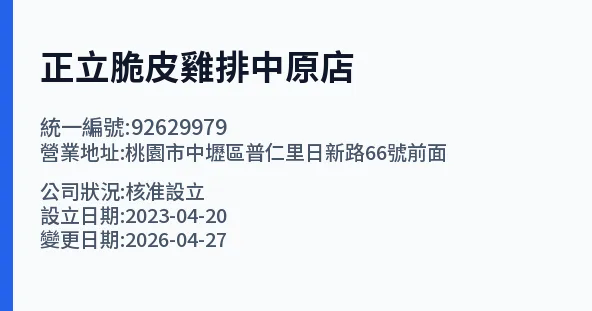 正立脆皮雞排中原店的照片-統編 92629979(桃園市) 公司登記資料與營業項目詳細圖表