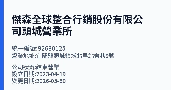 傑森全球整合行銷股份有限公司頭城營業所的照片-統編 92630125(宜蘭縣) 公司登記資料與營業項目詳細圖表