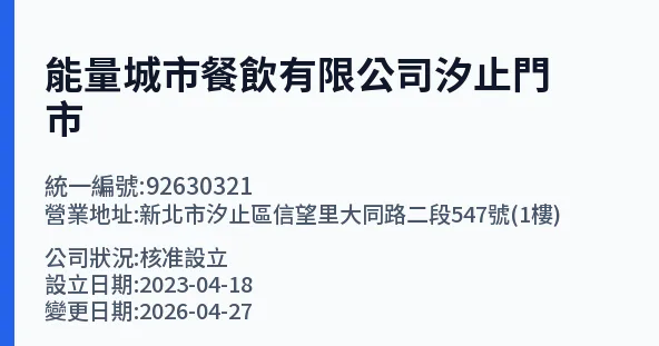 能量城市餐飲有限公司汐止門市的照片-統編 92630321(新北市) 公司登記資料與營業項目詳細圖表