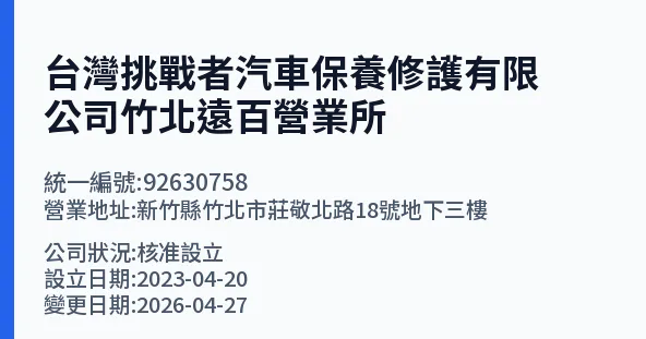 台灣挑戰者汽車保養修護有限公司竹北遠百營業所的照片-統編 92630758(新竹縣) 公司登記資料與營業項目詳細圖表