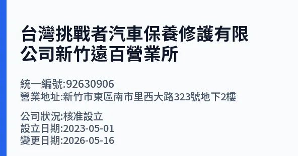 台灣挑戰者汽車保養修護有限公司新竹遠百營業所的照片-統編 92630906(新竹市) 公司登記資料與營業項目詳細圖表