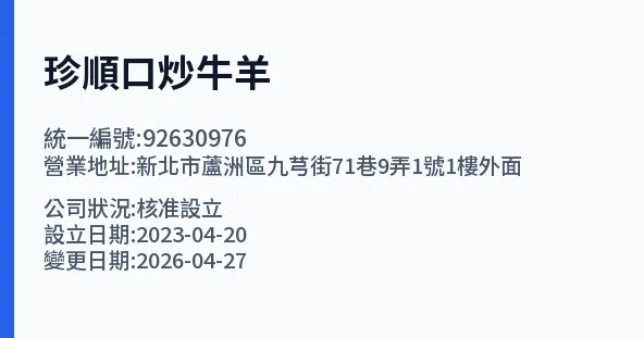 珍順口炒牛羊的照片-統編 92630976(新北市) 公司登記資料與營業項目詳細圖表
