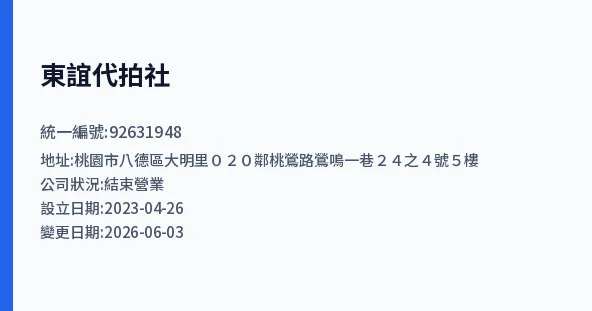 東誼代拍社的照片-統編 92631948(桃園市) 公司登記資料與營業項目詳細圖表