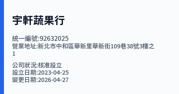 宇軒蔬果行的照片-統編 92632025(新北市) 公司登記資料與營業項目詳細圖表