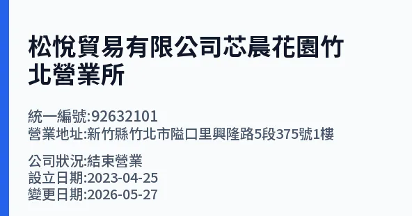松悅貿易有限公司芯晨花園竹北營業所的照片-統編 92632101(新竹縣) 公司登記資料與營業項目詳細圖表