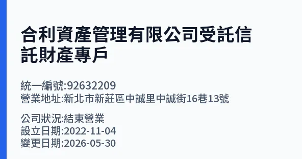 合利資產管理有限公司受託信託財產專戶的照片-統編 92632209(新北市) 公司登記資料與營業項目詳細圖表