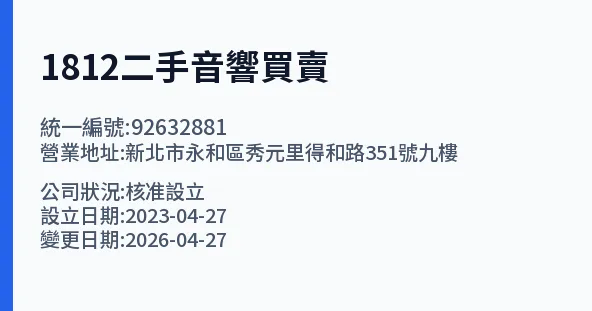 1812二手音響買賣的照片-統編 92632881(新北市) 公司登記資料與營業項目詳細圖表