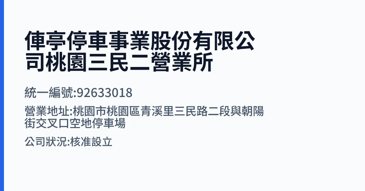 俥亭停車事業股份有限公司桃園三民二營業所 - 統編 92633018(桃園市) 公司登記資料與營業項目詳細圖表