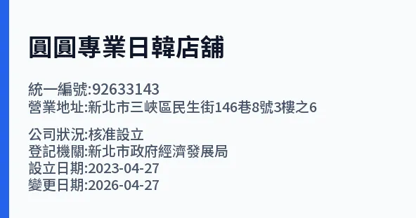 圓圓專業日韓店舖的照片-統編 92633143(新北市) 公司登記資料與營業項目詳細圖表