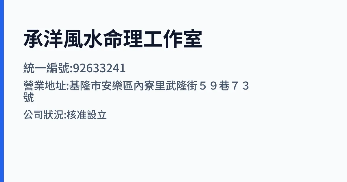 承洋風水命理工作室 - 統編 92633241(基隆市) 公司登記資料與營業項目詳細圖表