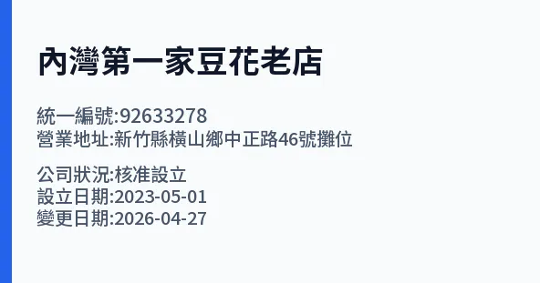 內灣第一家豆花老店的照片-統編 92633278(新竹縣) 公司登記資料與營業項目詳細圖表