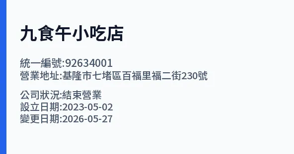 九食午小吃店的照片-統編 92634001(基隆市) 公司登記資料與營業項目詳細圖表