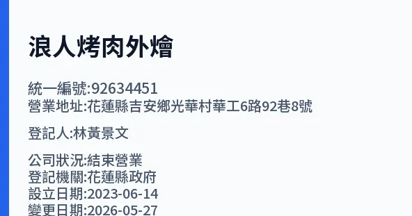 浪人烤肉外燴的照片-統編 92634451(花蓮縣) 公司登記資料與營業項目詳細圖表